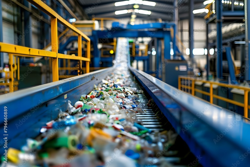 Sorting plastic and paper waste on conveyor assembly line for recycling ...