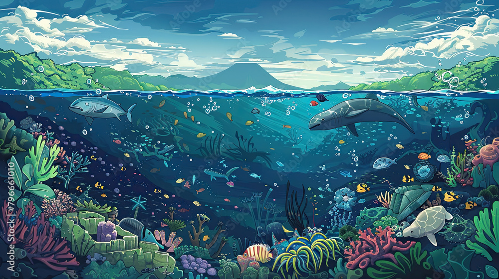 An illustration depicting a healthy, thriving marine ecosystem ...