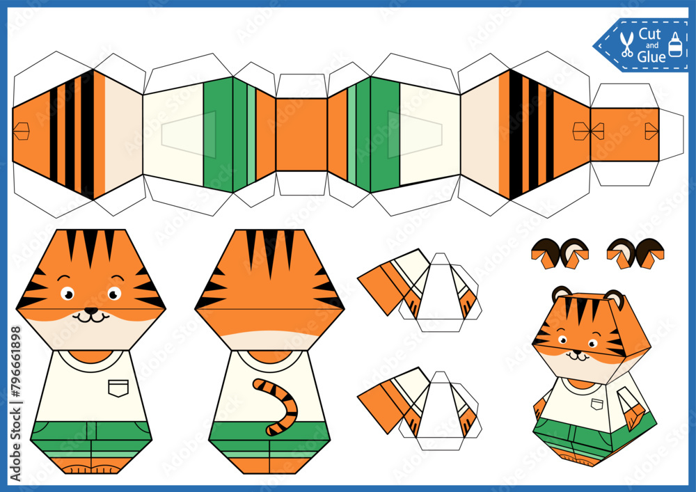 Kids craft game cut and glue 3d tiger. Children printable papercraft ...