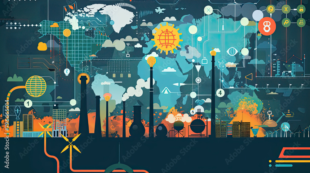 An infographic of global power flow, with icons for oil, coal, sun ...