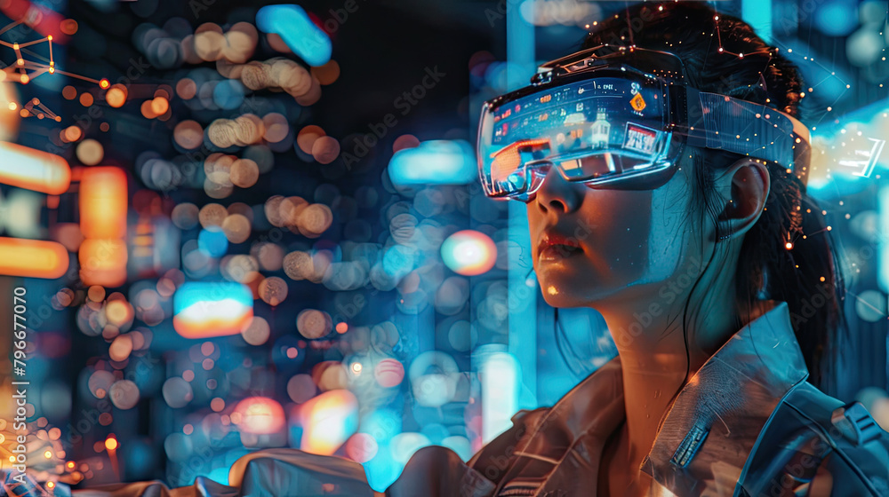 Stylish Chinese tech innovator navigating a smart cityscape with AR ...