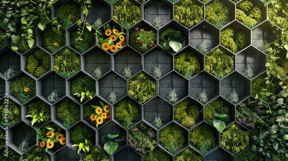 Hexagonal greenery walls with 3D plants and flowers protruding from ...
