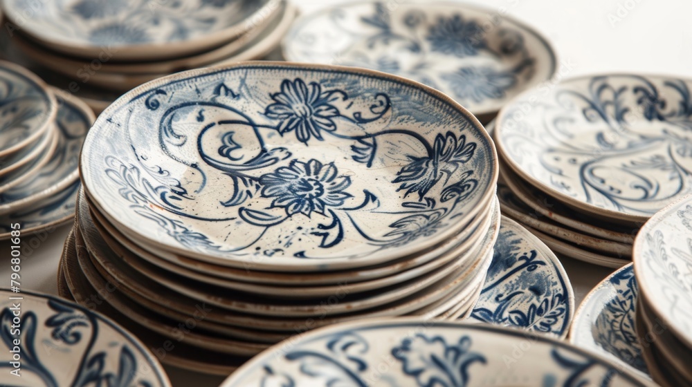 An elaborate set of dinner plates decorated with layers of slip ...