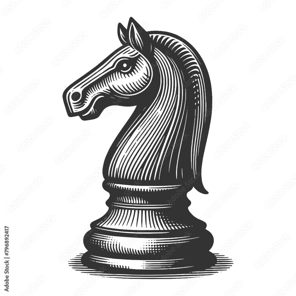 knight chess piece, featuring detailed engraving style lines and ...