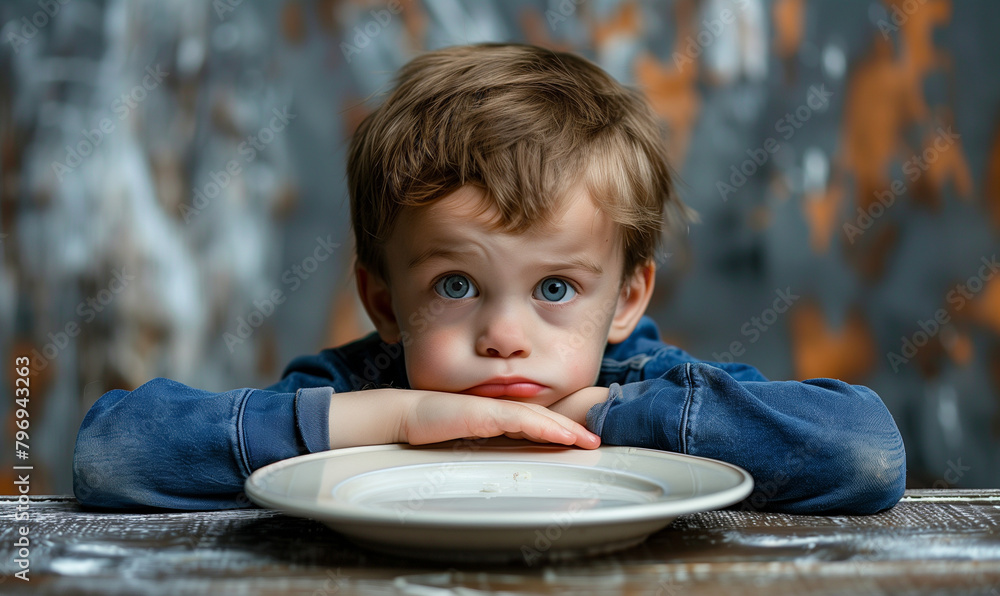 A young boy looking at his empty plate with a look of hunger and ...