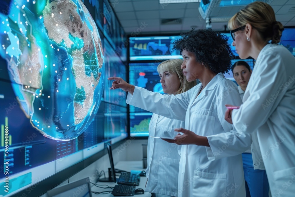 Diverse group of female scientists analyzing global data on a large screen in a high-tech ...
