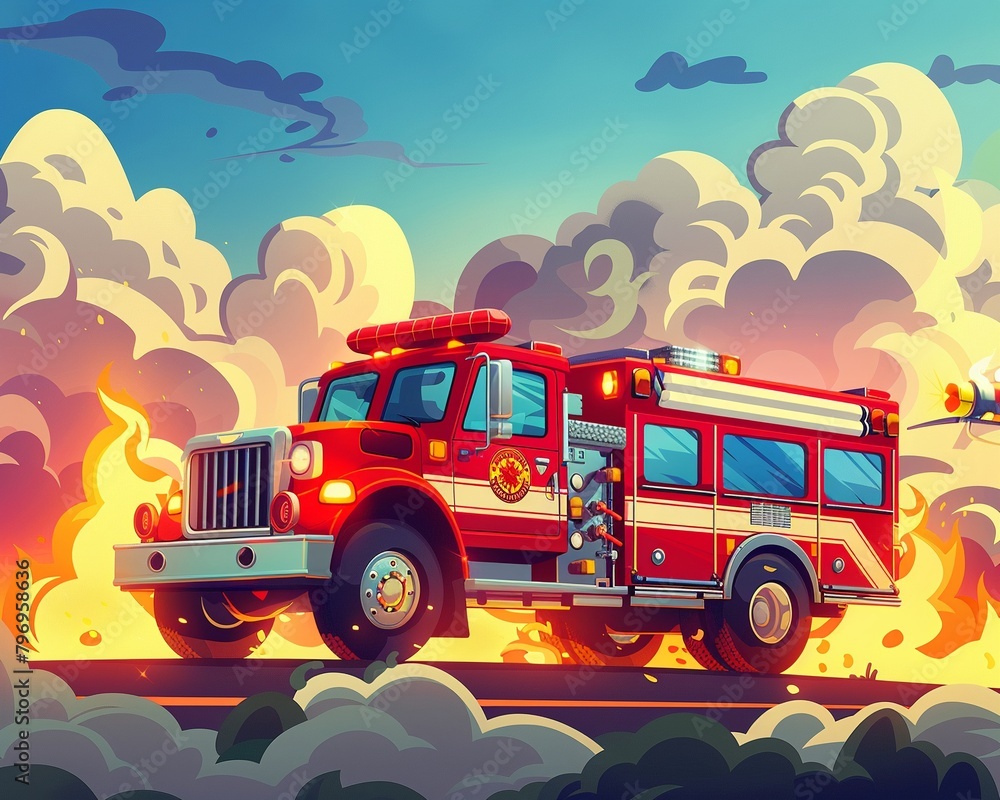 This cartoon rendering features a fire truck car against a dynamic ...