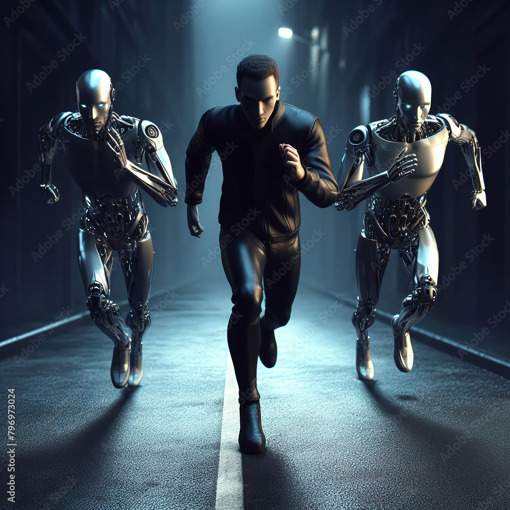 Man racing against two humanoid robots in a futuristic corridor, symbolizing competition between ...