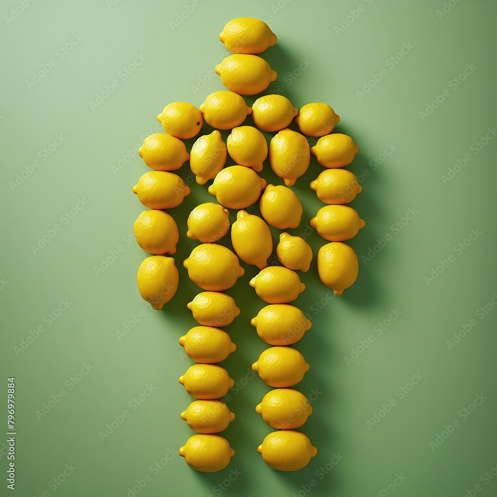 Bright yellow lemons arranged in the shape of a human on a green ...