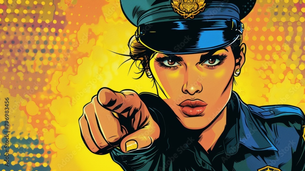 Vector illustration of female police officer with hand gesture. Comic ...