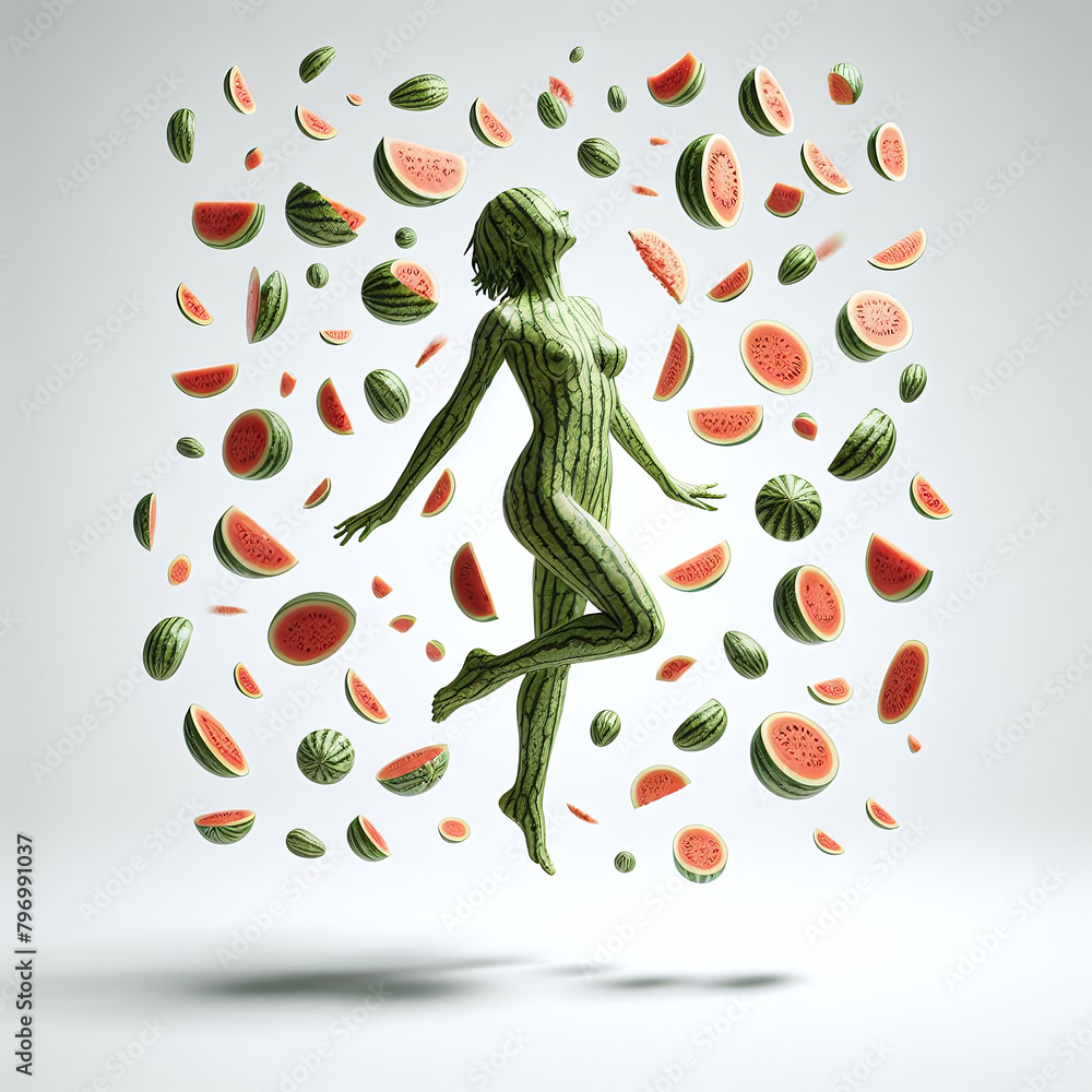 Surreal concept of a green human silhouette with watermelon slices ...
