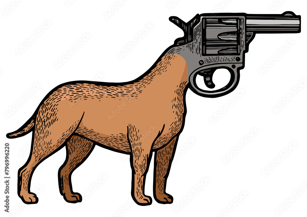 Revolver gun dog head color sketch line art engraving PNG illustration ...