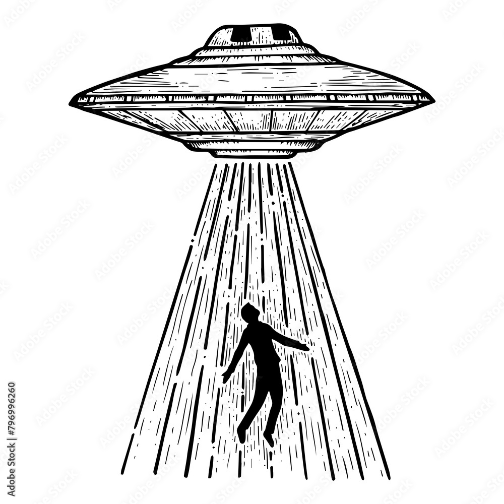 UFO Flying saucer kidnaps human person sketch line art engraving PNG ...