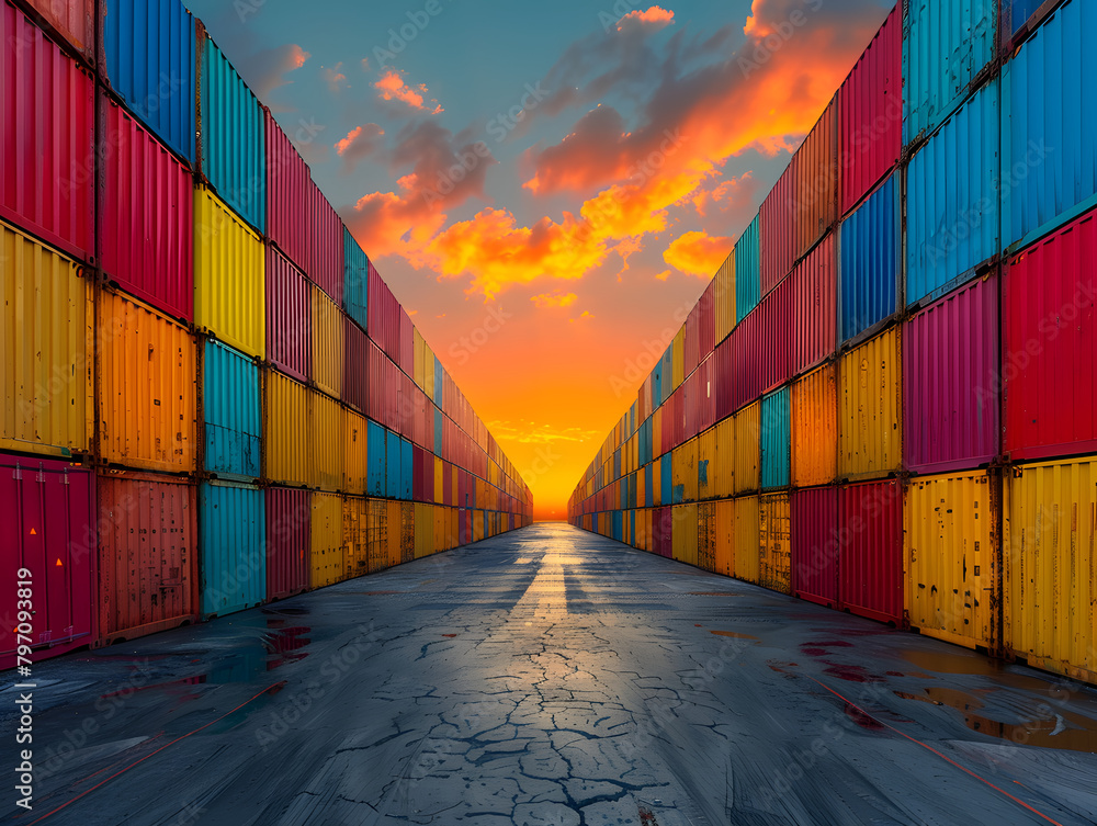 Symmetrical view between colorful shipping containers at a commercial ...