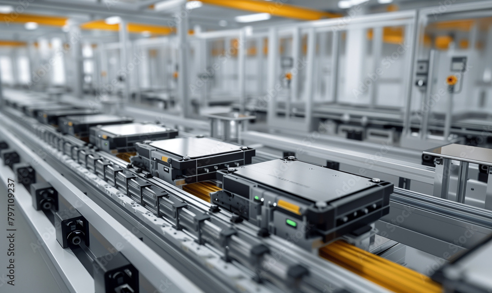 The photo shows an automated assembly line where battery cells for ...