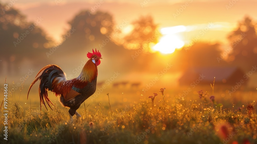 proud rooster crowing at sunrise in a rural farmyard, symbolizing the ...