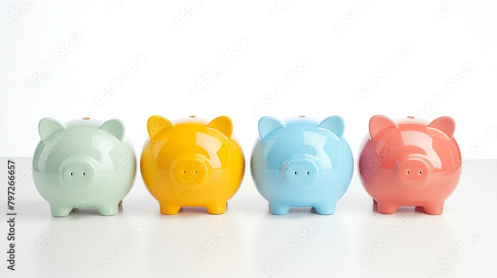 Colorful ceramic piggy banks in various shapes an isolated white ...