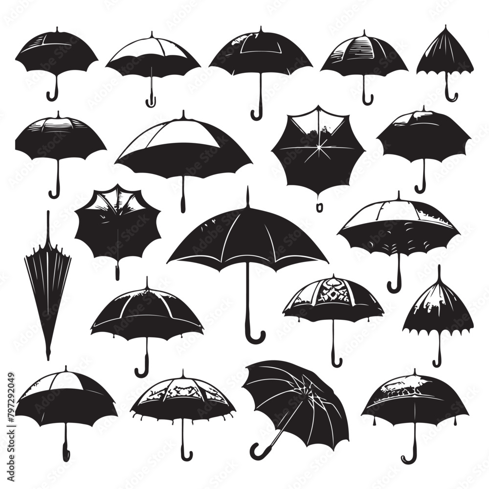 Black silhouette set of various umbrellas, vector illustration Stock ...