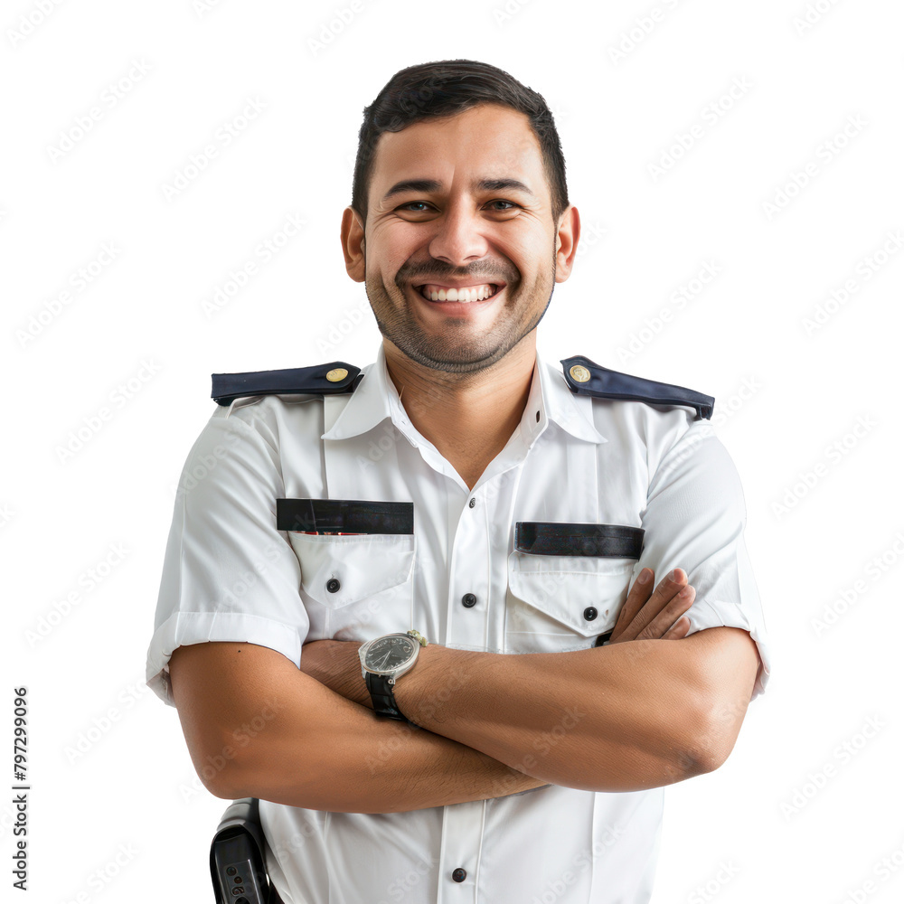 crossed arms smiling security guard wearing white uniform on ...