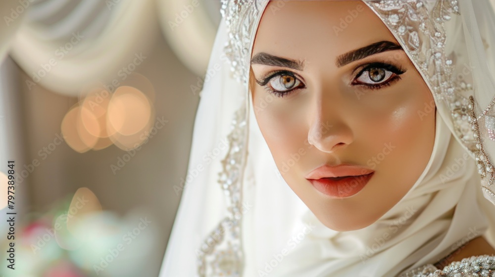Woman Muslim bride model with white veil and beautiful makeup ...