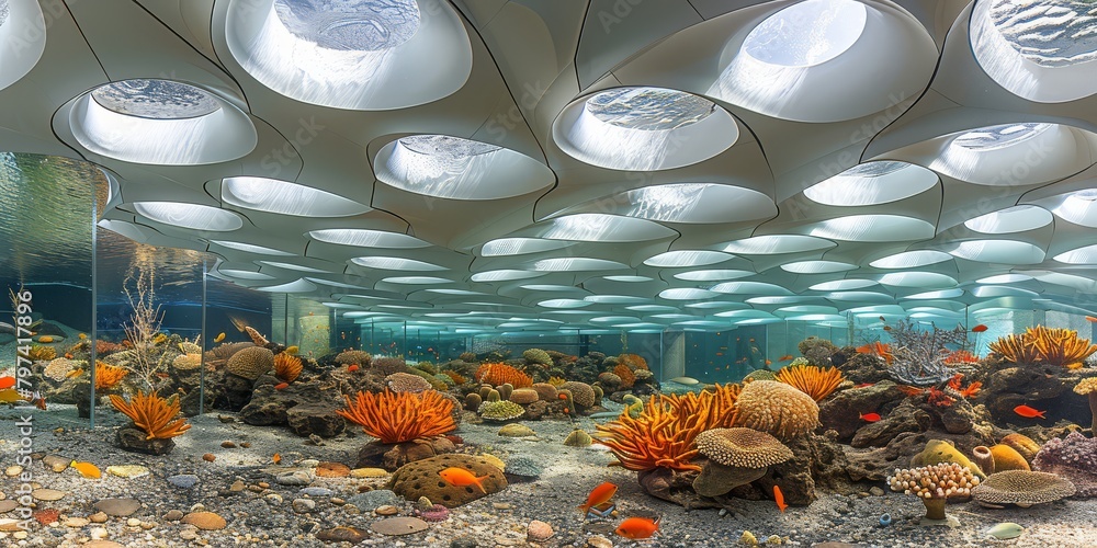 Calming reef aquarium's wave-driven sea whips sway in a synchronized ...