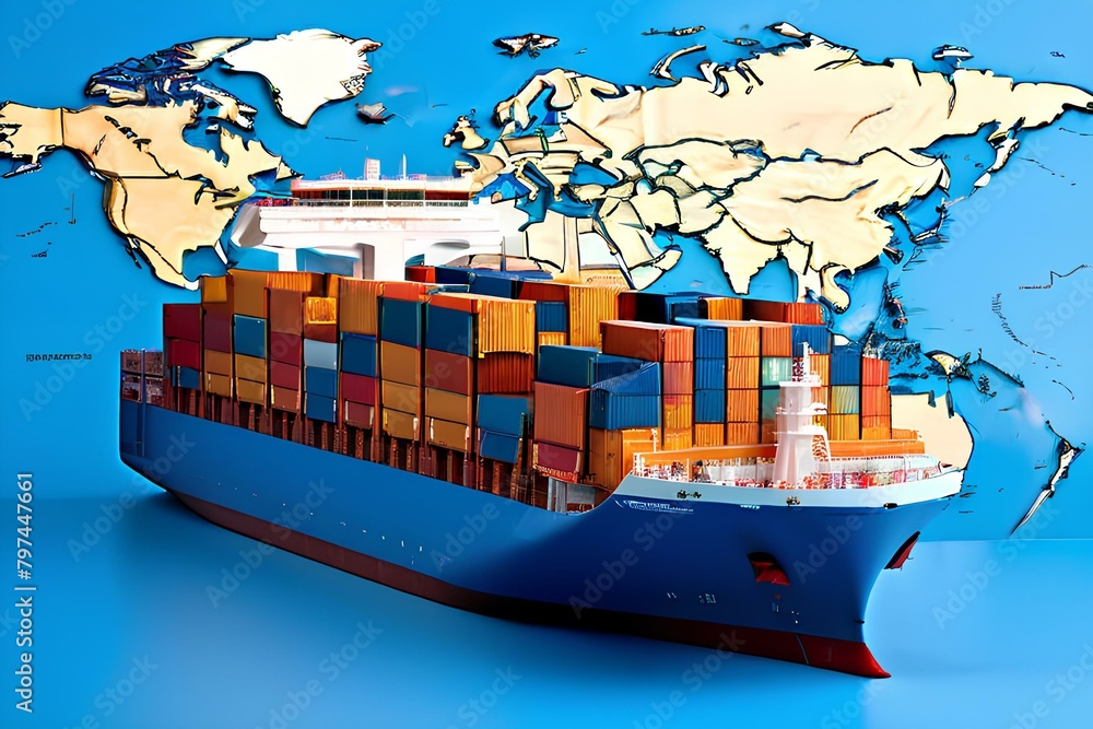Container ship model on world map, transcontinental transportation or ...