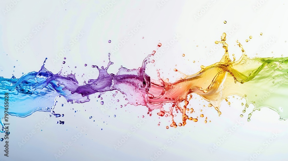 Dynamic splash of colorful liquids merging mid-air, forming a rainbow ...
