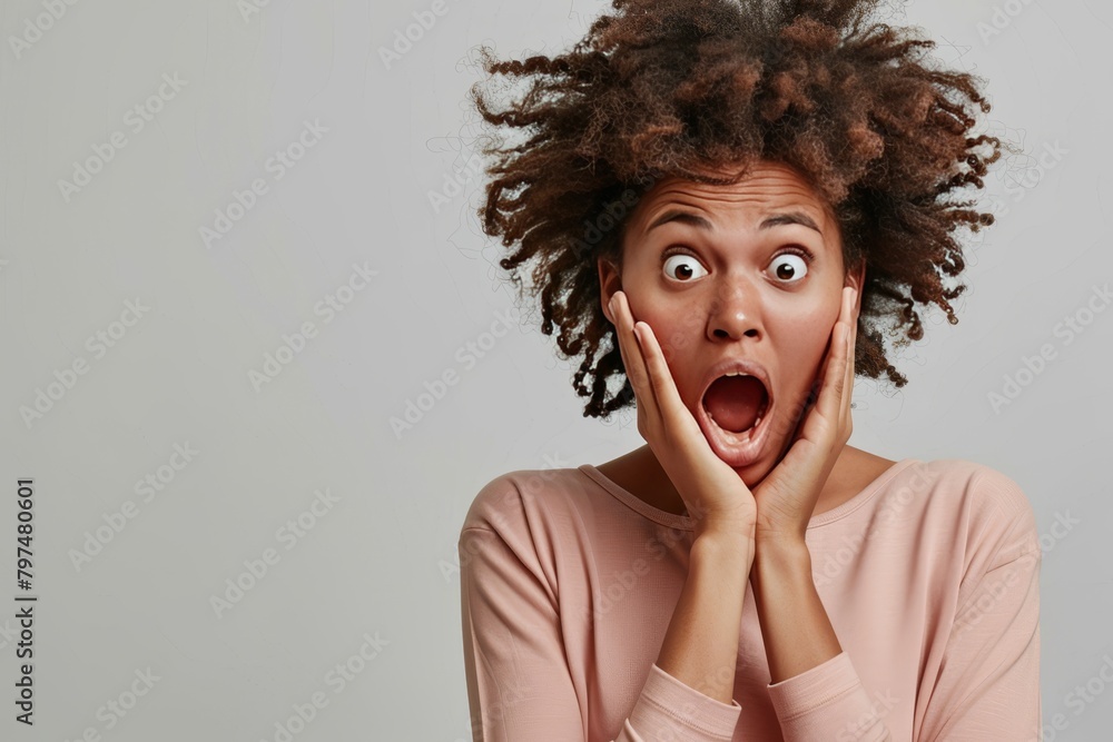 African american woman astonished and surprised by the shocking message ...