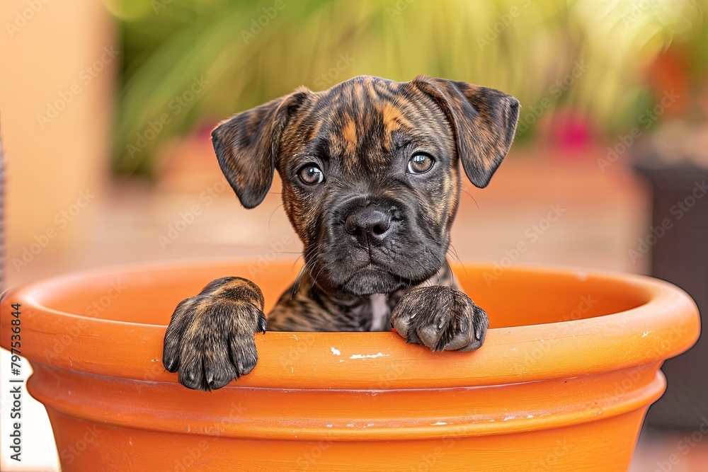 Brindle Boxer Puppy in Orange Clay Pot: High-Resolution Image with ...