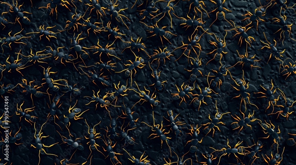 A bold and modern pattern of ants marching in rows on a dark background ...