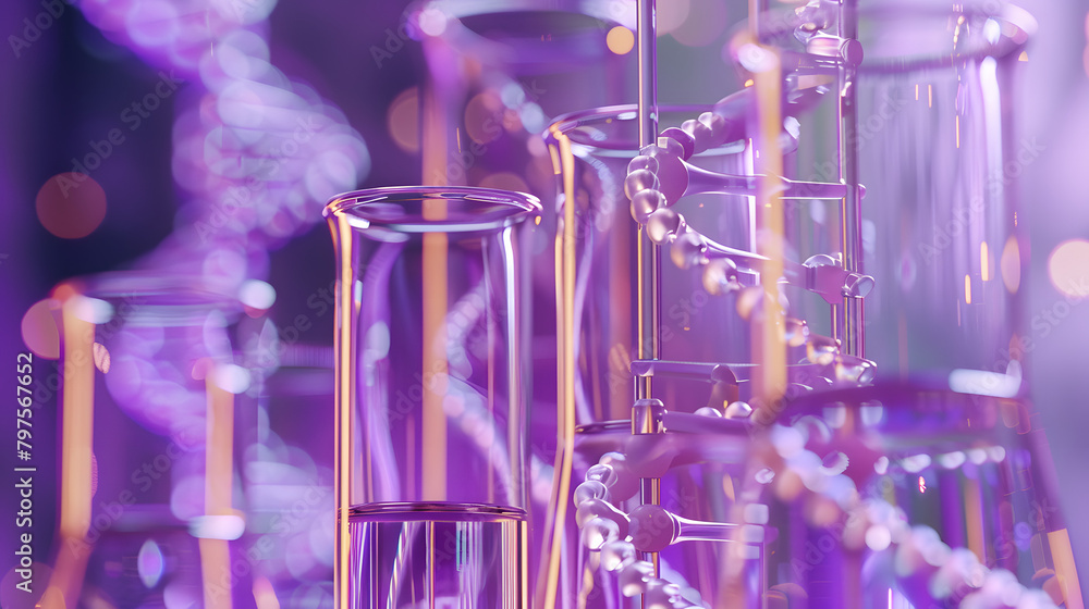Close up of beakers and test tubes with a DNA double helix on a ...