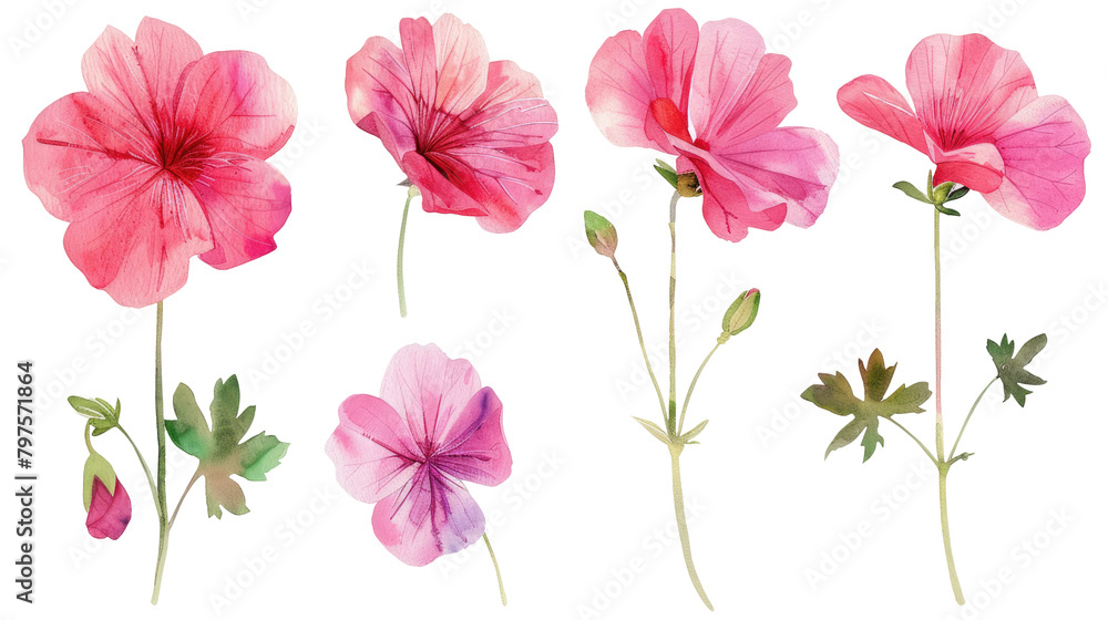 Set of Geranium flowers clipart watercolor isolated on white or ...
