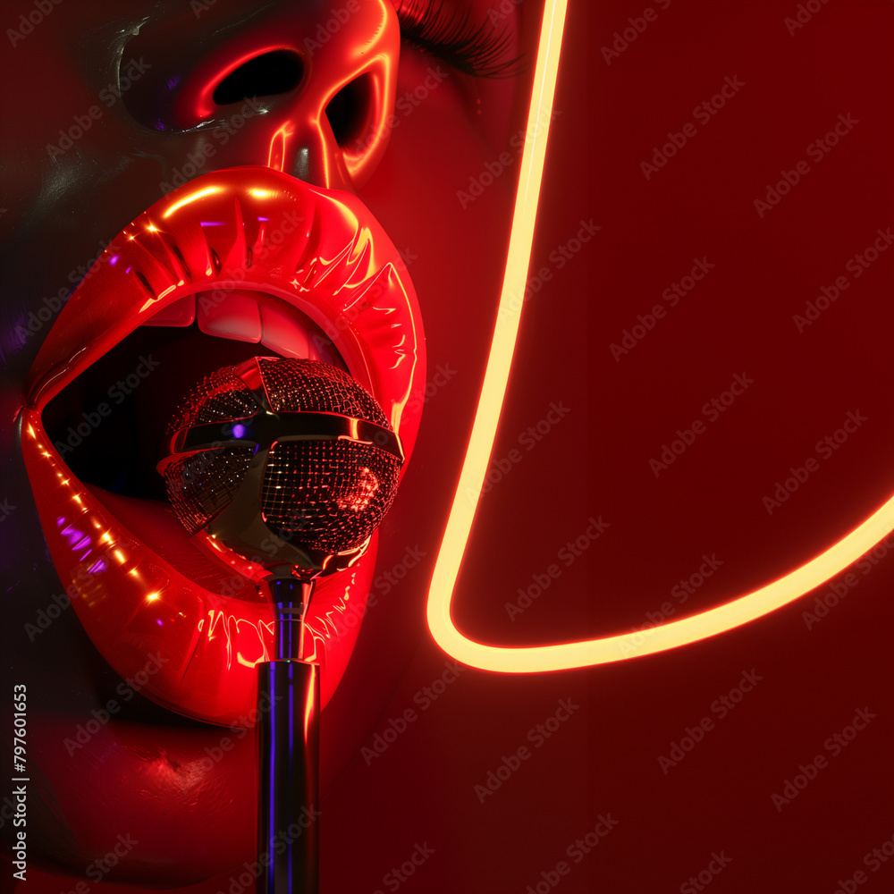 Silver shiny round microphone on stand next to singing woman face with ...