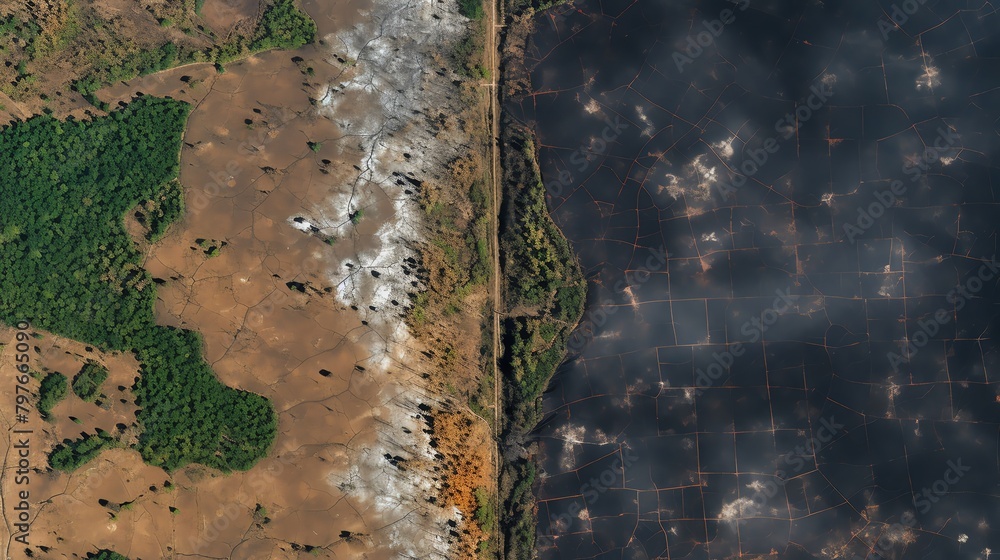 Satellite imagery of deforestation in the Amazon rainforest, showing ...