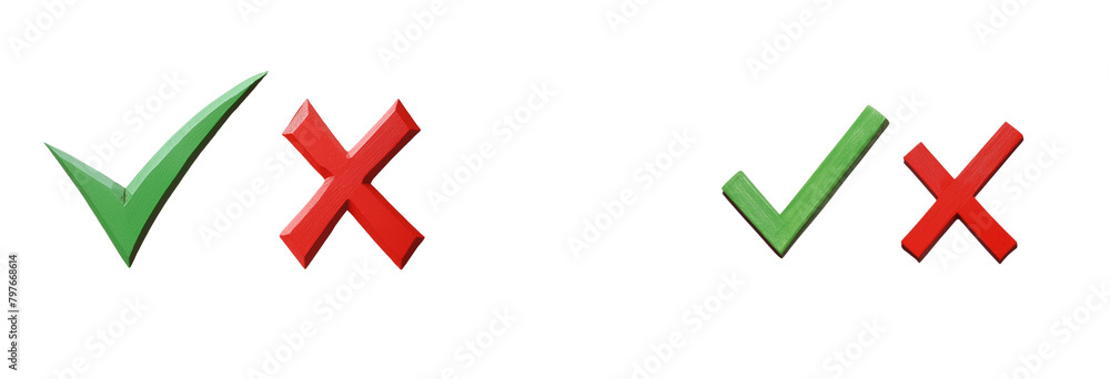Green check mark, red cross mark icon set. Isolated tick symbols, checklist signs, approval ...