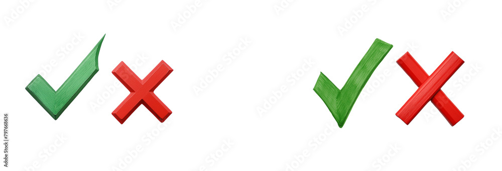 Green check mark, red cross mark icon set. Isolated tick symbols, checklist signs, approval ...