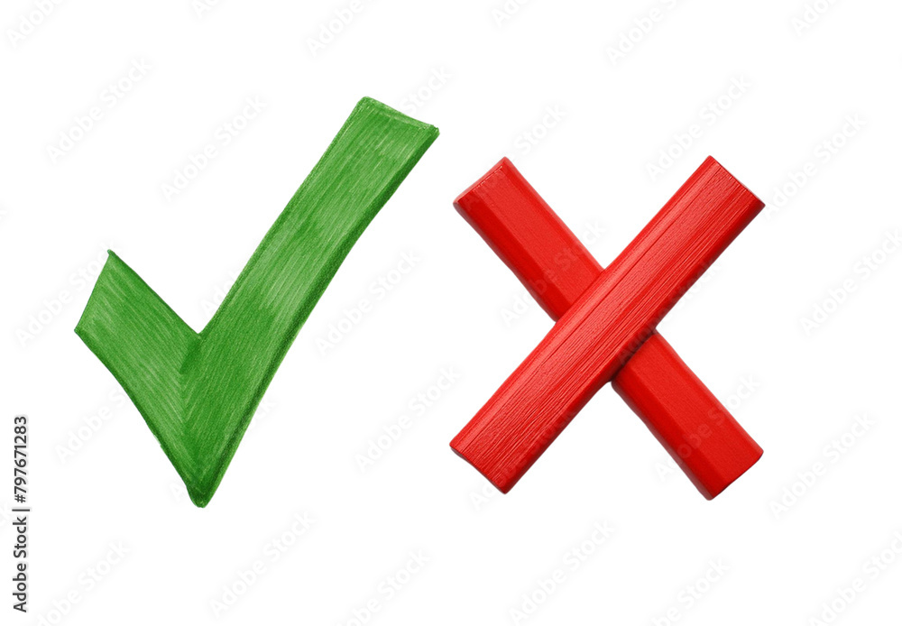 Green check mark, red cross mark icon set. Isolated tick symbols, checklist signs, approval ...