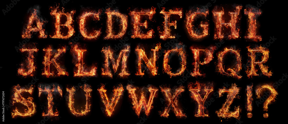 Fire font alphabet made of burning letters on black background. Stock ...