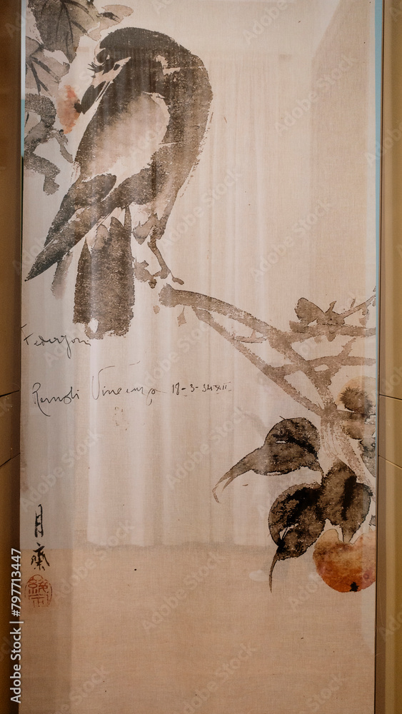Old antique Japanese kakejiku, kakemono, kacho-ga, with thoughts and ...