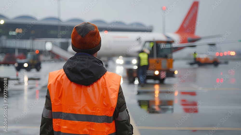 Back view of an airport ground crew member in high-visibility clothing ...