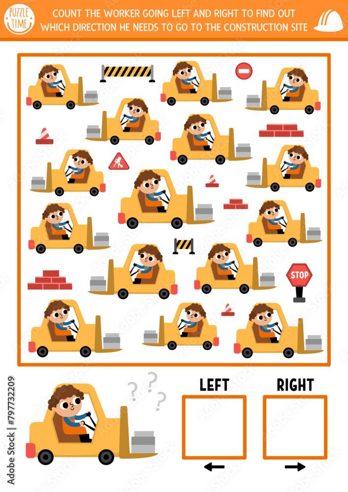 Construction site logic game with right and left concept for kids. I ...