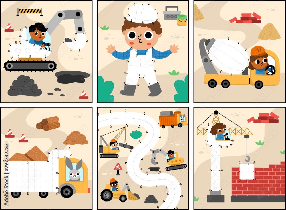 Vector dot-to-dot and color activity set with colored construction site ...