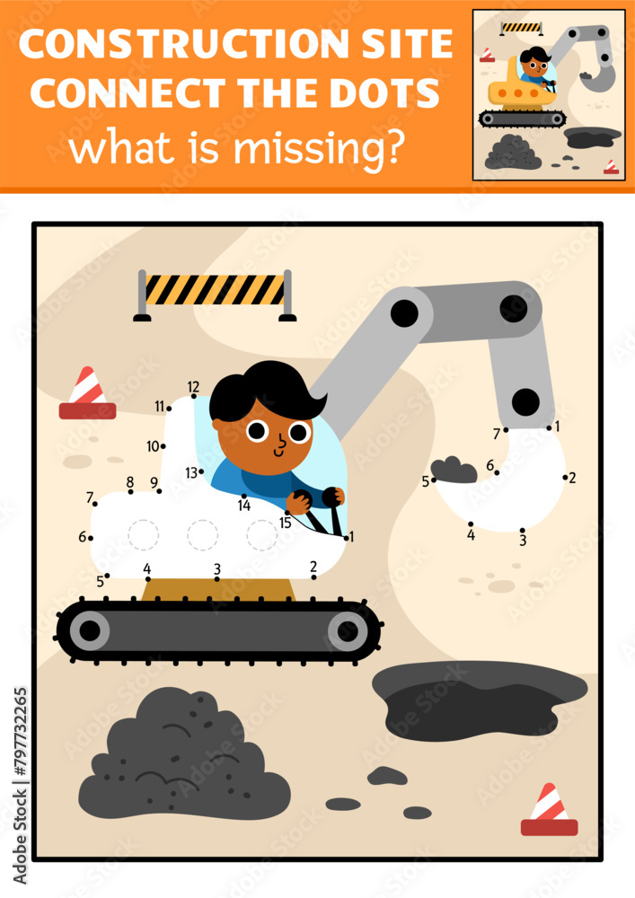 Vector dot-to-dot and color activity with excavator, colored ...