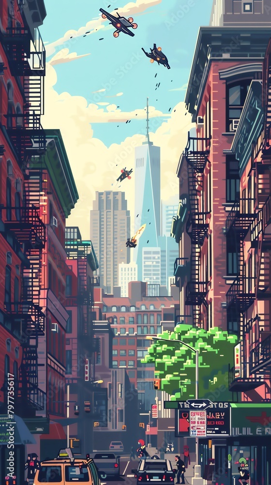 Pixelated superhero city with heroes flying between buildings and ...