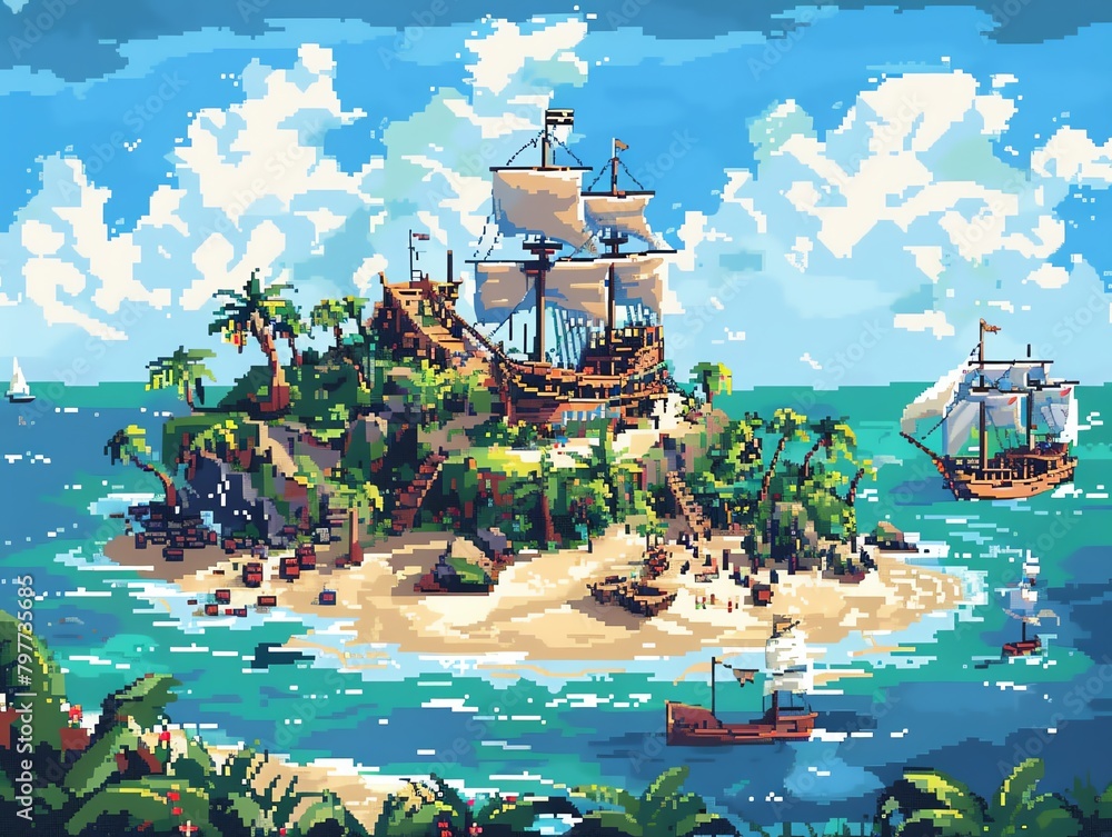 Pixelated treasure island with pirates digging and ships at anchor ...