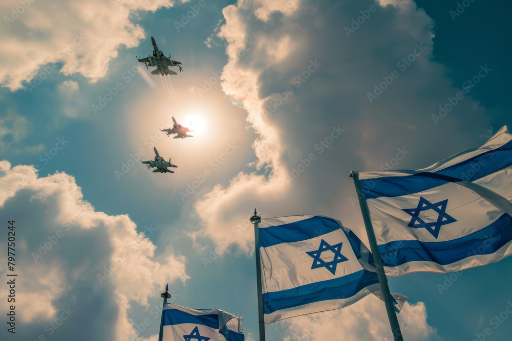 photograph of Israeli flags flying in the wind with fighter jets flying ...