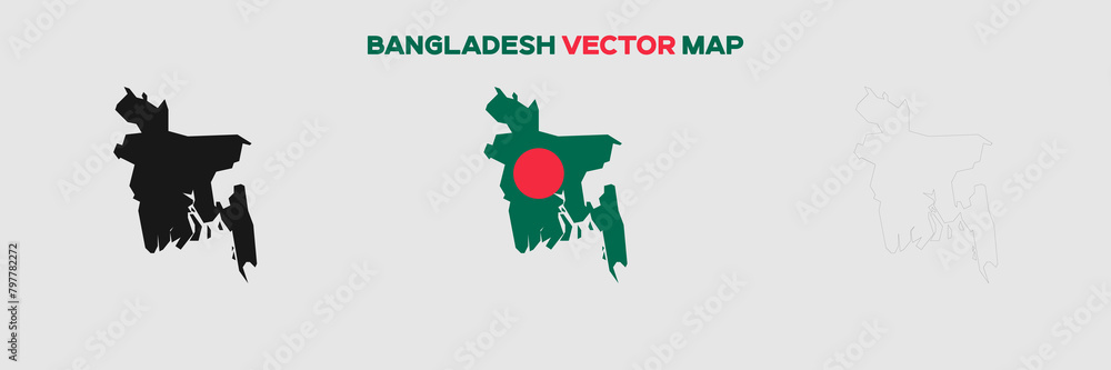 Bangladesh Map Vector Pack. Map with Flag. Gray Map Silhouette. Gray ...
