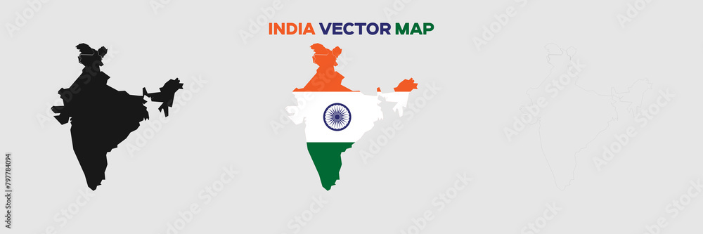 India Map Vector Pack. Map with Flag. Gray Map Silhouette. Gray Outline ...