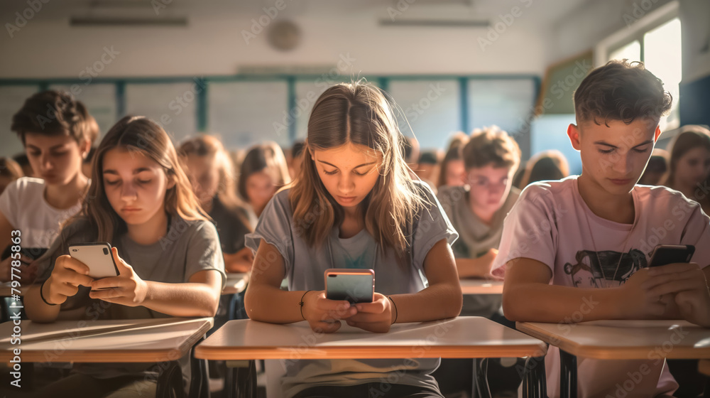 A group of focused students is seen using smartphones in a brightly lit ...
