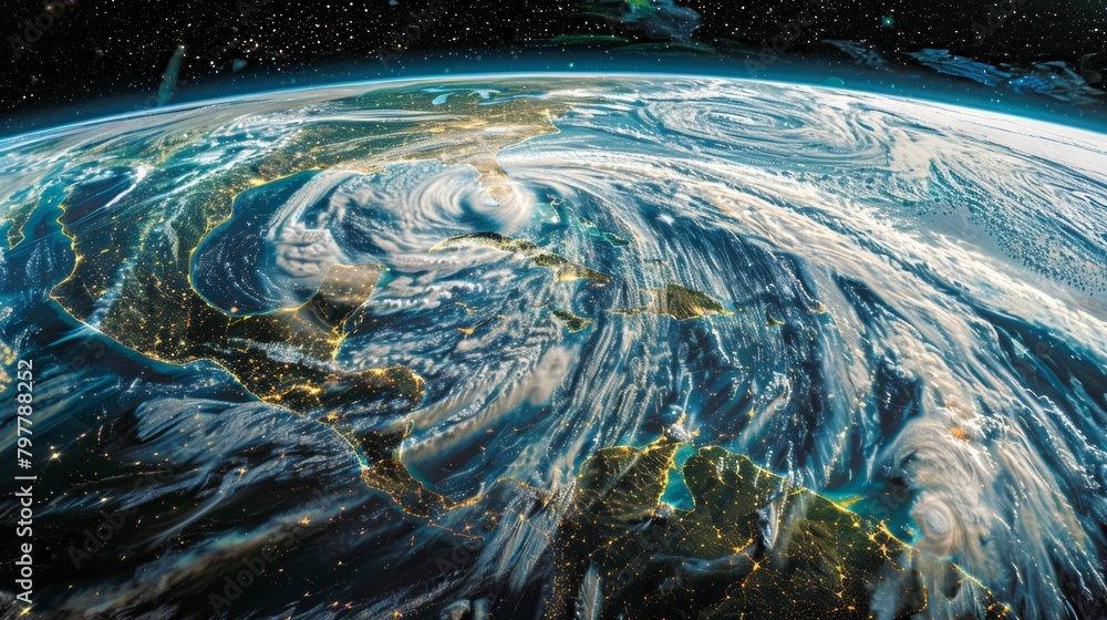 This image depicts a large and dynamic weather system over the Earth ...